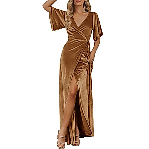 MEROKEETY Women's V Neck Wrap Velvet Maxi Dress Bell Sleeve Split Bridesmaid Cocktail Party Dresses, Golden, X-Large