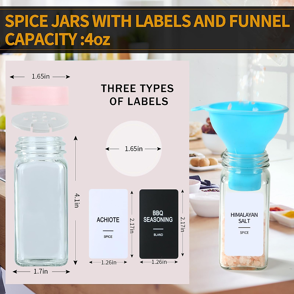 GMAMXD 24 Glass Spice Jars with Labels,Spice Jar Set,4oz Seasoning Containers,Spice Containers with Pink Airtight Lids and Shaker Lids,Square Empty Spice Bottles, 492 Labels,2 Marker Pens,1 Funnel