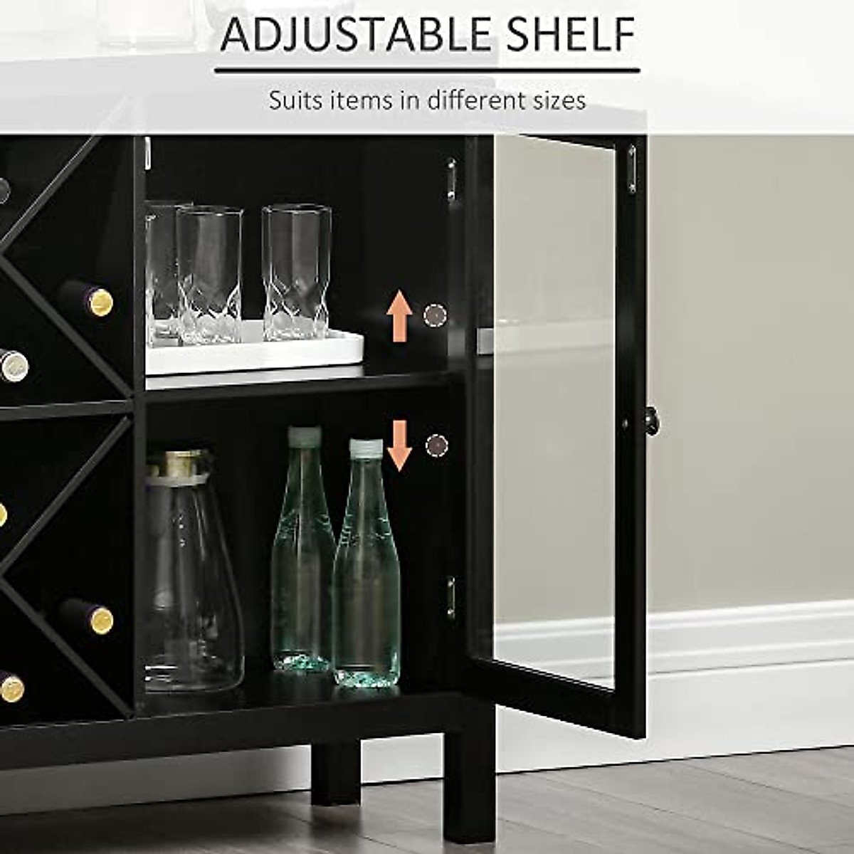HOMCOM Sideboard Buffet Cabinet with Removable Wine Rack, Tempered Glass Door and Adjustable Shelves, Coffee Bar Cabinet for Living Room, Kitchen, Entryway, Black