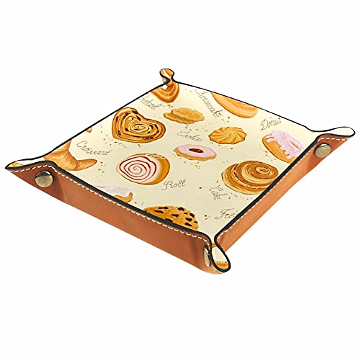 Leather Valet Tray, Dice Tray Folding Square Holder, Dresser Organizer Plate for Change Coin Key, Cartoon Cake Donut Bread