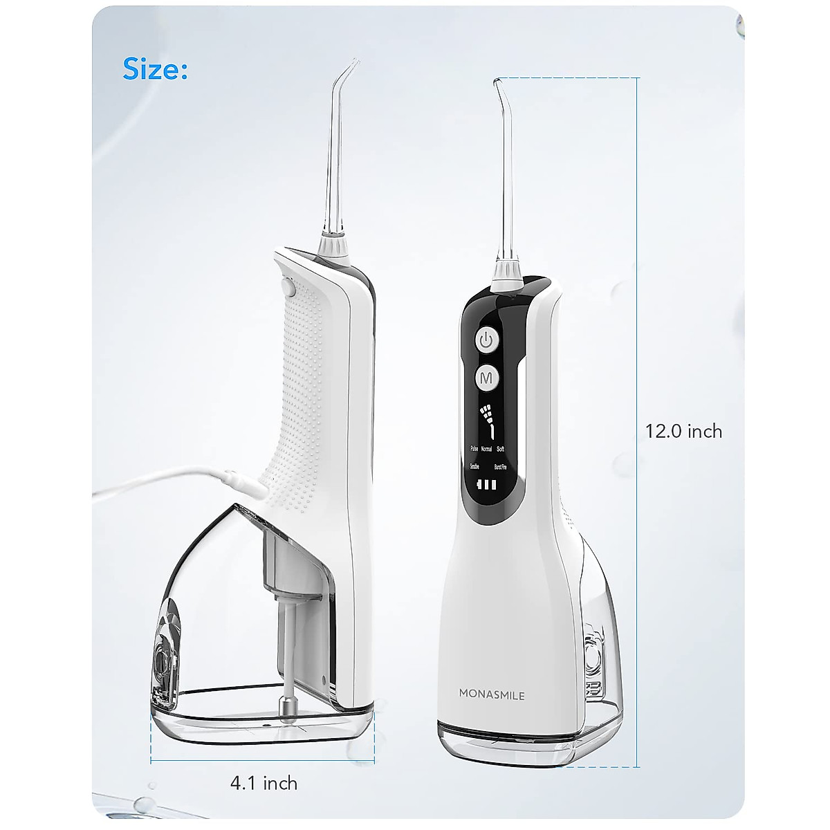 Monasmile 350ML Water Dental Flosser Cordless, 5 Modes, 4 Nozzles, IPX7 Waterproof, Battery Indicator, Rechargeable Portable Oral Irrigator for Teeth Deep Cleaning, Home Travel Use (White)