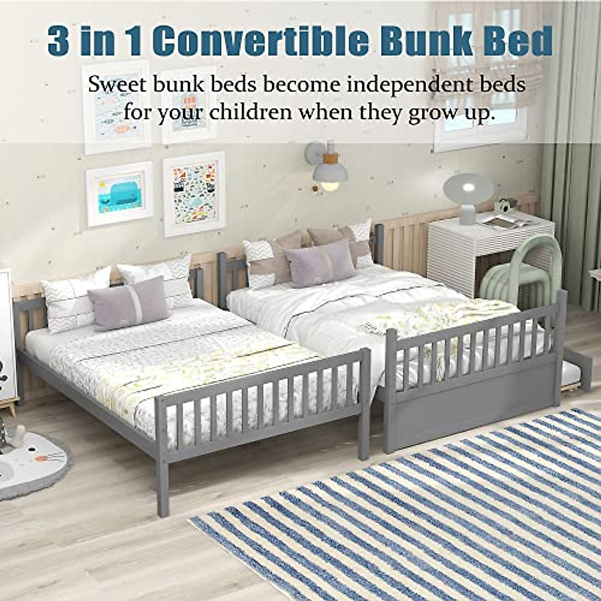 CITYLIGHT Full Over Full Bunk Beds with Trundle, Wooden Bunk Bed Full Over Full Size for Adults Teens, Detachable Full Bunk Bed Frame with High Length Guardrail,Grey
