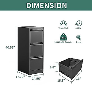 BIZOEIRON 3 Drawer File Cabinet with Lock, Metal Vertical Filing Cabinets for Home Office, Steel Storage Cabinet for Hanging Legal/Letter Size Files, Assembly Required (Black)