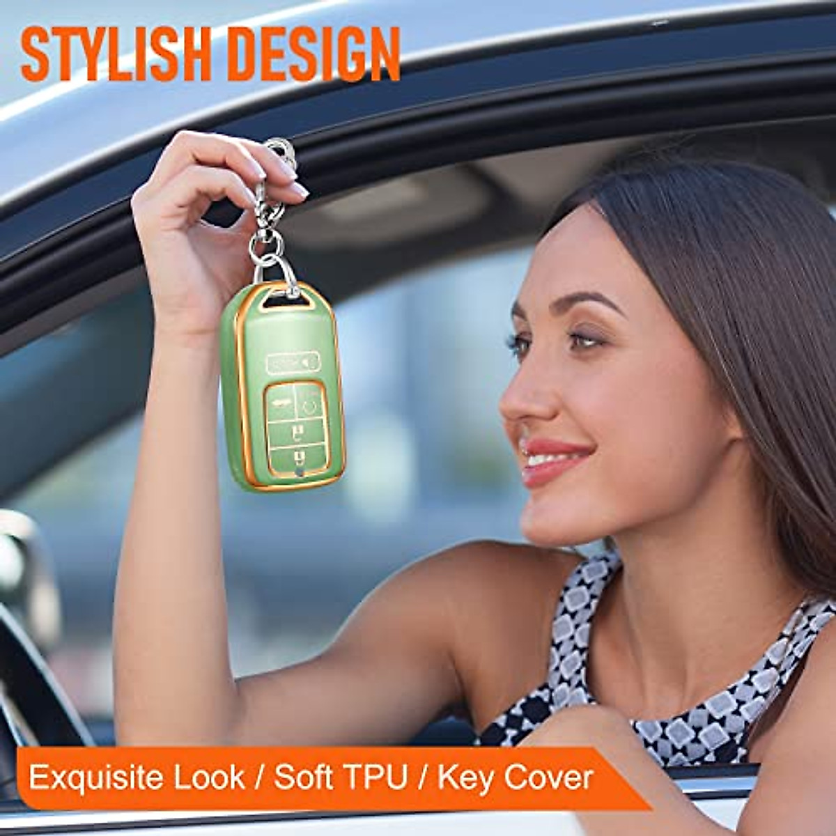 Toykee Key Fob Cover Keychain Accessories for Honda for Accord Civic CR-V CRV Pilot Passport HRV EX EX-L Touring Odyssey 5 Buttons, TPU Case+D-Ring+Hook(Green)