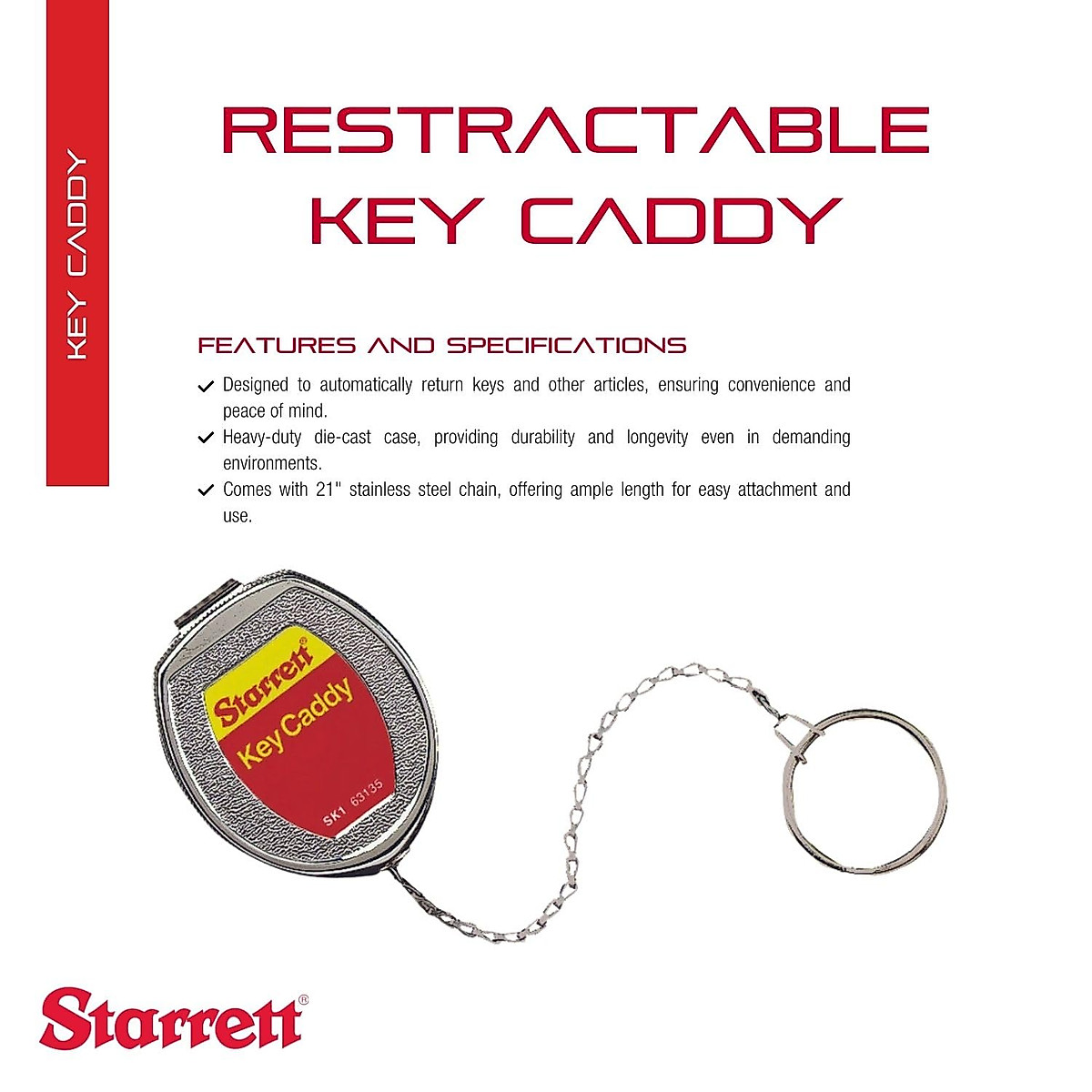 Starrett Key Caddy with 21" Stainless Steel Chain, Heavy-Duty Die-Cast Zinc Case, Large Key Ring, Retractable Design - SK1