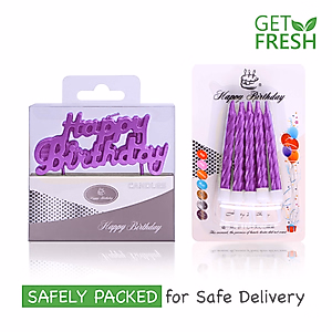 GET FRESH Purple Birthday Cake Candles Set – 10-Pack Spiral Metallic Candles and Happy Birthday Letter Candles Cake Topper – Glitter B-Day Candles and Cake Decoration Candles – Purple Birthday Candles