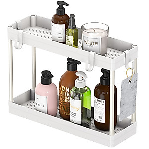 SimpleHouseware 2-Tier Under Sink Organizer Storage Tray with Hooks, White