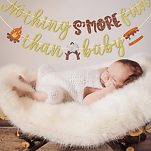 Firefairy Camping Themed Baby Shower Banner, Pre-strung Nothing S’more Fun Than a Baby Banner, S'mores Birthday Banner for Baby, Happy Camper Baby Shower Decorations, Gold ＆ Brown Glitter