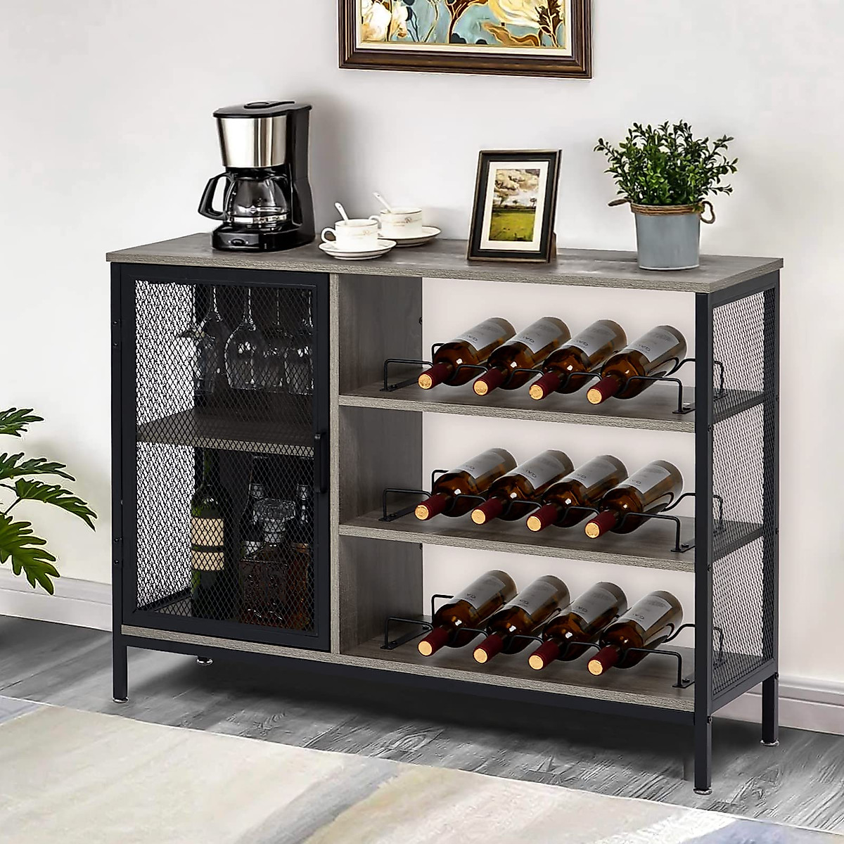 Fashionwu 42 Inches Wine Cabinet with Storage Shelf, Industrial Bar Cabinet with Removable Wine Rack and Glass Holder, Wood Freestanding Wine Rack Cabinet for Liquor and Glasses(Gray)