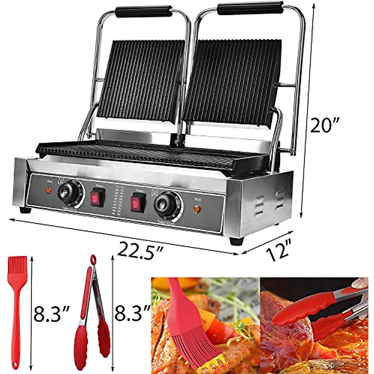 Commercial Sandwich Panini Press,110V 3600W Countertop Panini Grill,Non-Stick Full Grooved Plates Panini Press Grill,Temperature Control 122°F-572°F Electric Sandwich Maker for Hamburgers Steaks