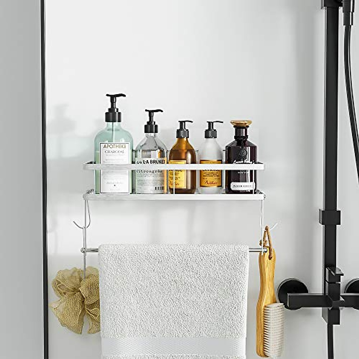 ESOW Paper Towel Holder with Shelf Storage, Adhesive Wall Mount 2-in-1 Basket Organizer for Kitchen & Bathroom, Durable Metal Wire Design, Stainless Steel 304 Brushed Nickel Finish