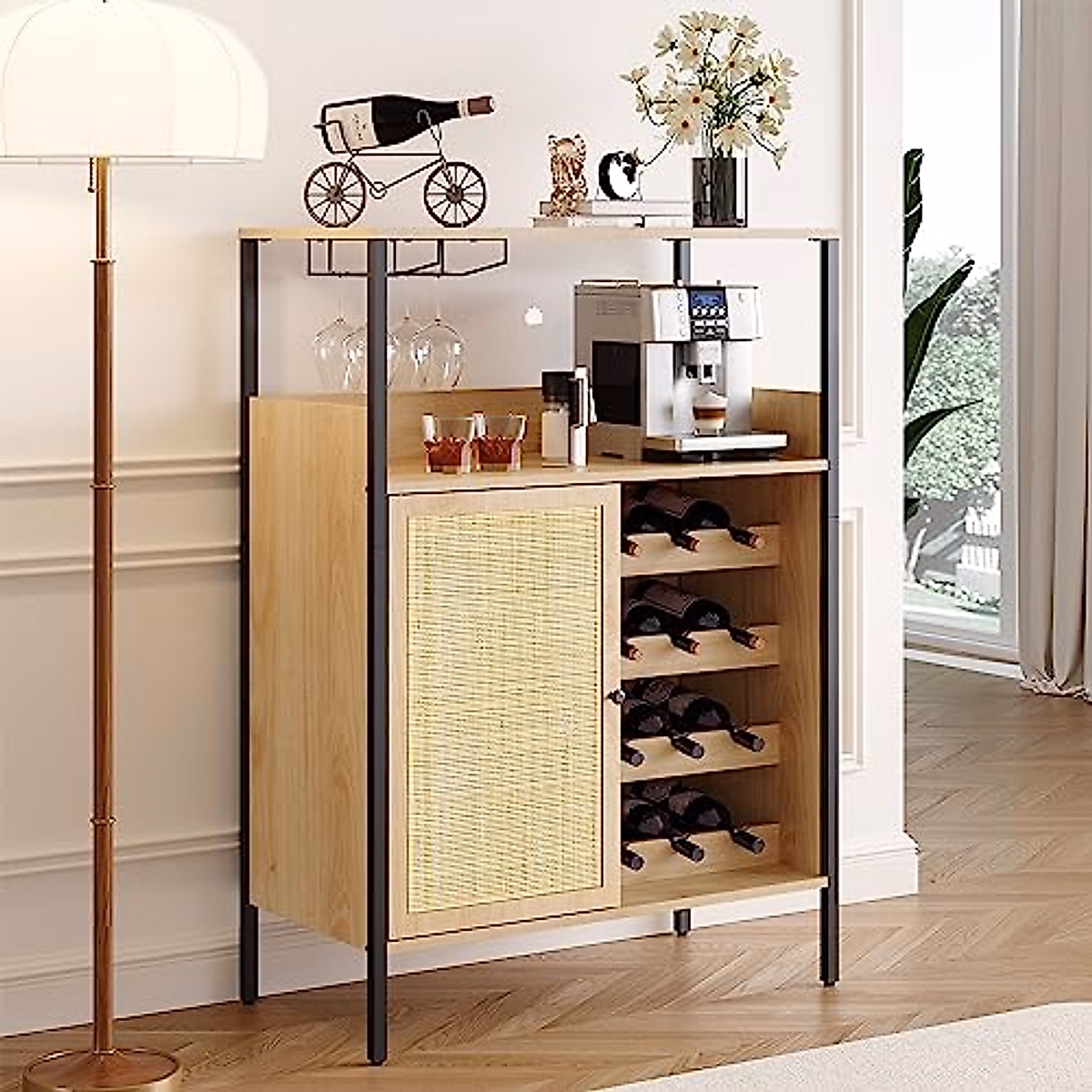 Yechen Wine Bar Cabinet with Storage for Liquor and Glasses, FreeStanding Wood Coffee Bar Cabinet with Wine Rack, Metal Sideboard Buffet Cabinet