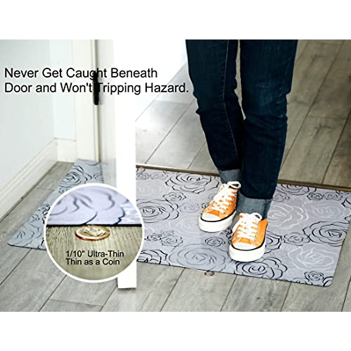 Cosilyt 1/10 Inch Ultra Thin Front Door Mat Rug Indoor Entrance Inside Non Slip, Large Waterproof Rubber Kitchen Rug and Interior Home Washable Door Mat, 24"×35", Morandi Grey