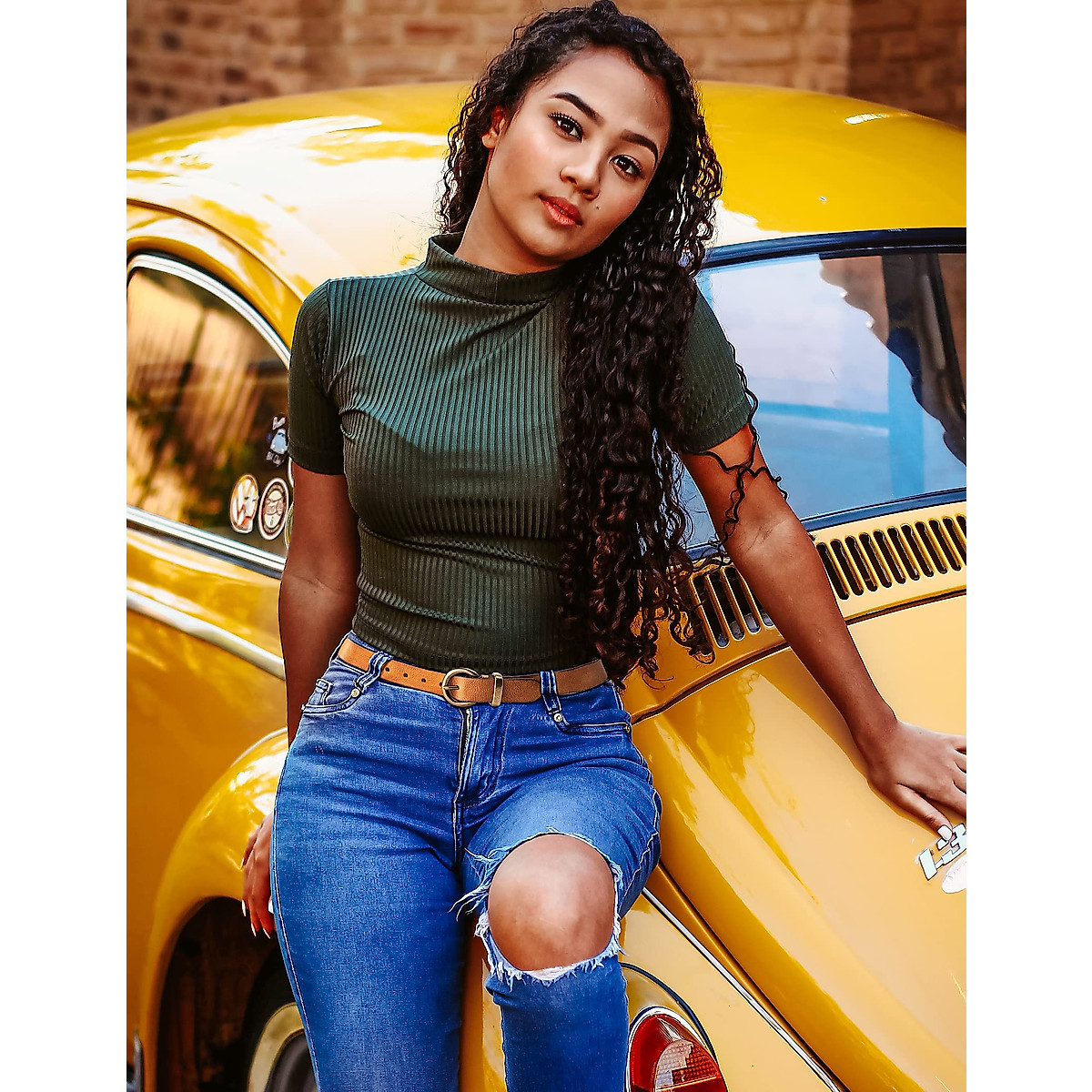 TYWestyles Womens Belt for Jeans Genuine Leather Belt Vintage Solid Brass Circle buckle Gift Box Packaging (Tan-1, Fit Waist 30（Pants 4)