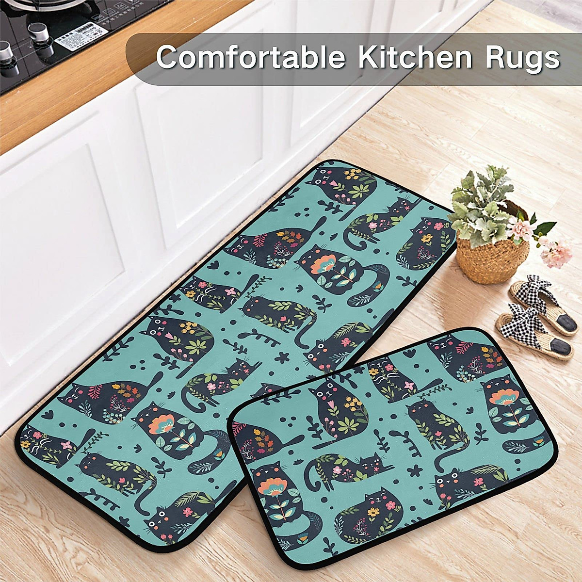 Kigai Cats and Colorful Flowers Kitchen Rugs and Mats Set of 2, Anti Fatigue Comfort Mat for Kitchen Floor, Non Skid and Washable Kitchen Rug, 27"x20"+47"x20"