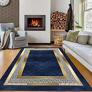 USHIRUG Premium Indoor Area Rug, 3x4ft, Contemporary Simple Geometric and Gold Border Design Navy Blue Rug, Non-Slip Non-Shedding Rug, Comfortable and Casual Living Room Bedroom Soft Rug