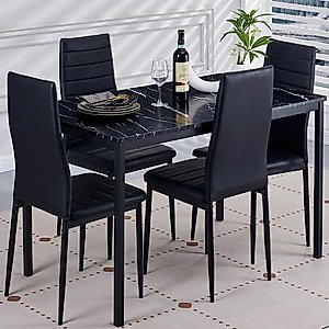 DZOVAD Black 5-Piece Dining Set, Kitchen Table Chairs Set of 4 for Kitchen & Dining Room, Dinette, Space-Saving with MDF Board Table Top, 4 Upholstered PU Leather Chairs, Metal Steel Frame