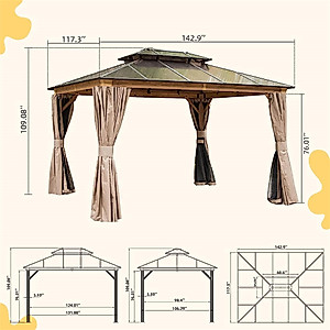 RITSU 10'x12' Gazebo, Hardtop Permanent Outdoor Gazebo with Polycarbonate Double Roof, Aluminum Canopy Pavilion with Curtain and Net for Garden, Patio, Lawns, Deck, Backyard
