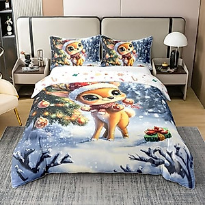 3D Kawaii Deer Bedding Set King Size Glitter Green Christmas Tree 100% Cotton Duvet Cover for Kids Boys Girls Teens Cartoon Cute Wild Animal Rustic Style Comforter Cover,2 Pillowcases(No Comforter)