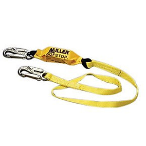 Miller by Honeywell 6' Polyester Web Twin-Leg Shock-Absorbing Lanyard with (3) Locking Snap Hooks and SofStop Double Pack Shock Absorber