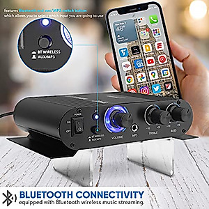 Pyle Wireless Bluetooth Home Audio Amplifier - 90W Dual Channel Mini Portable Power Stereo Sound Receiver w/ Speaker Selector, RCA, AUX, LED, 12V Adapter - For iPad, iPhone, PA, Studio Use - PFA330BT