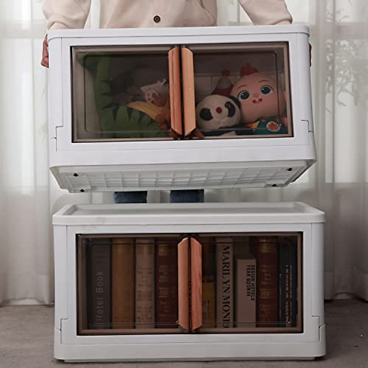 Karramlili Storage Bins with Lids -22.8Gal Plastic Storage Bins for Closet Organizers 2 Packs Collapsible Storage Bins with Wheels, Large Plastic Storage Bins and Closet Organizer, Tan Door