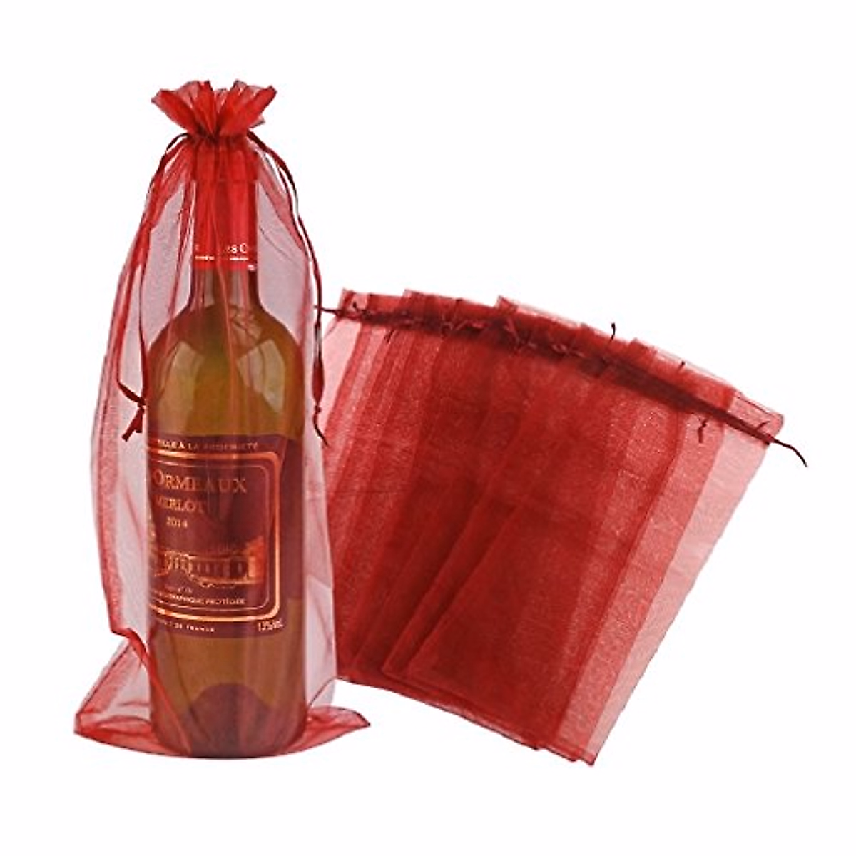 Wuligirl 20pcs Drawstring Organza Wine Bottle Bag 5.5 by 14.5 Inch Wedding Favors Party Reusable Festive Packaging Baby Shower Wine Gift Bags(20pcs Wine Red)