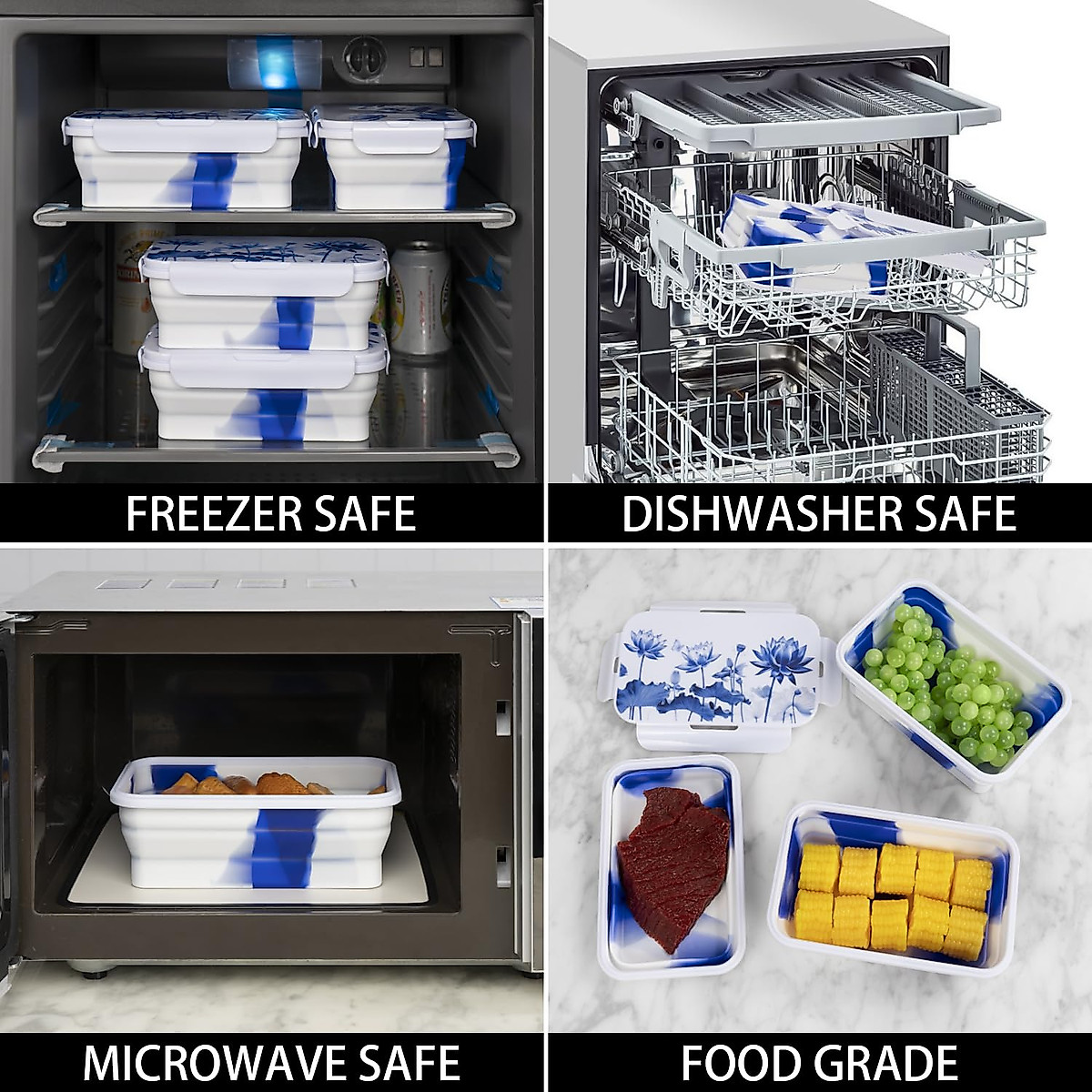 Annaklin Collapsible Food Storage Containers with Lids in Blue and White Porcelain China Style, 48oz, 4 Pack, Stackable Silicone Containers for Food Lunch, Microwave Freezer Dishwasher Safe, White