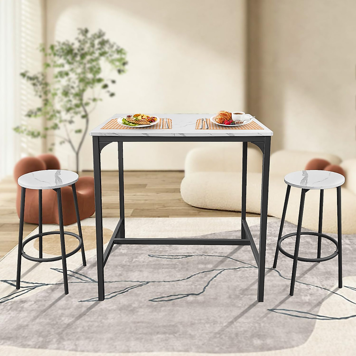 AT-VALY 3-Piece Bar Table Set with 2 Stools,Dining Room Table Set,Small Spaces (Black)