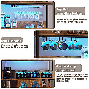 IRONCK Coffee Bar Cabinet with Power Outlet, Industrial Buffet Cabinet with LED Strip and Glass Holder, 3-Tiers Liquor Cabinet Bar for Home, Dining Room, Kitchen, Vintage Brown