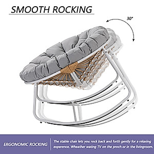 Naga Bahna Outdoor Round Rocking Chair, Patio Wicker Egg Chair, Comfy Oversized Papasan Chair with Light Grey Padded Cushion, Royal Rattan Rocker for Living Room, Front Porch, Patio