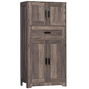 Quimoo Tall Bathroom Cabinet, Bathroom Storage Cabinet with Large Drawer & Adjustable Shelf, Bathroom Storage Cabinet with 4 Doors for Living Room, Bedroom, Home Office, Grey Wash