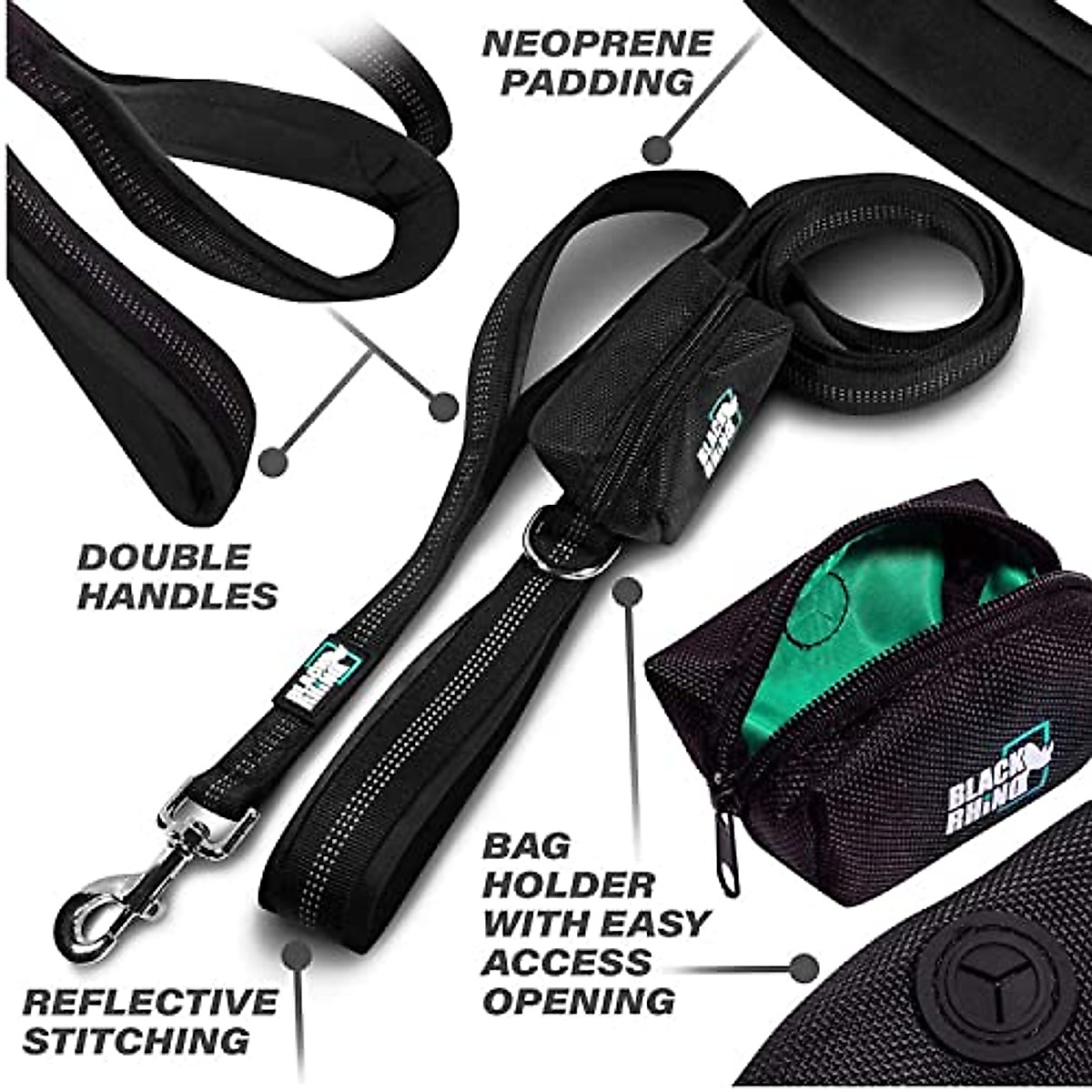 Black Rhino Dog Leash - Heavy Duty - Medium & Large Dogs | 6ft Long Leashes | Two Traffic Padded Comfort Handles for Safety Control Training - Double Handle Reflective Lead - (Black)