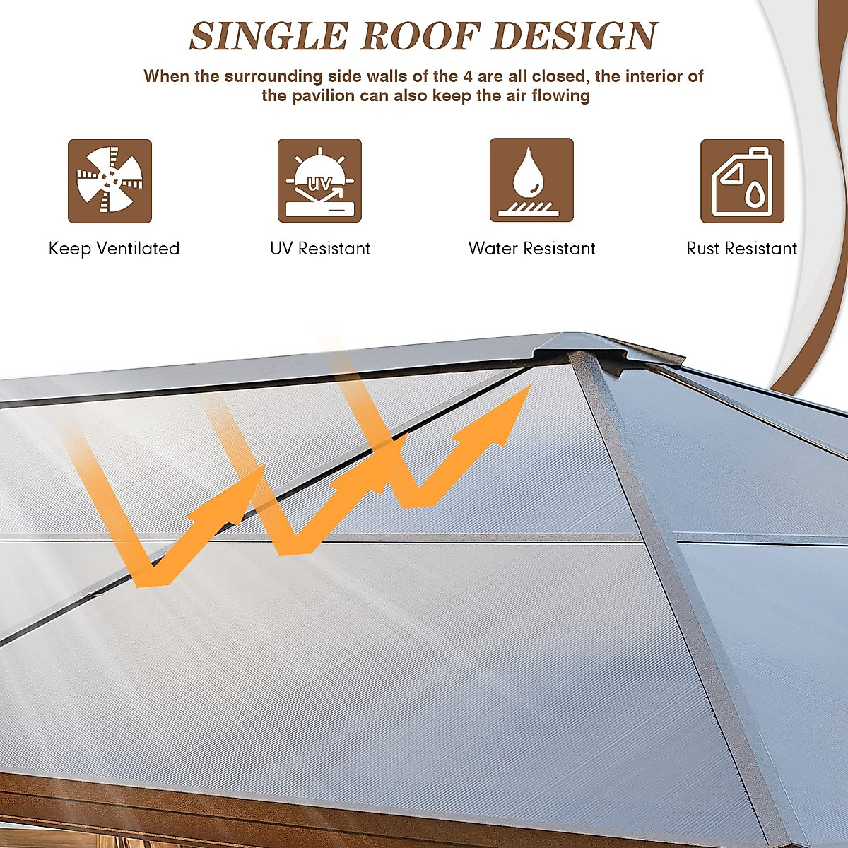 EROMMY 10' x 12' Gazebo Single Polycarbonate Roof Canopy Outdoor Aluminum Frame Permanent Pergolas with Netting and Curtains for Patio Backyard Garden Lawns Parties