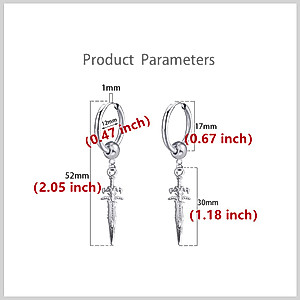 Sword Drop Dangle Small Hoop Earrings for Women Girls Men Stainless Steel Engrave Animal Cross Dagger Halloween Statement Charms Drop Dangling Hoops Cuff Cartilage Wrap Vintage Punk Pray Jewelry (Silvery)
