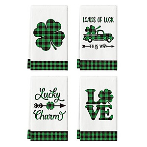 Artoid Mode Buffalo Plaid Lucky Clover Shamrock Truck Kitchen Dish Towels, 18 x 26 Inch Seasonal St. Patrick's Day Quotes Ultra Absorbent Drying Cloth Tea Towels for Cooking Baking Set of 4