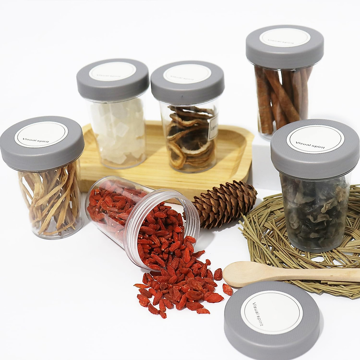 14 PCS Spice Jars storage containers,6 oz, heavy calibre Jars NOT NEED Collapsible Funnel, with Lids Spice Labels Stickers,PETG materials， (black)