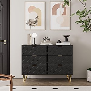 Aobafuir 6 Drawer Dresser, Drawer Chest, Tall Storage Dresser Chest Cabinet Organizer Unit with Metal Legs, Big Dresser for Bedroom, Living Room, Closet, Hallway Black Diamond