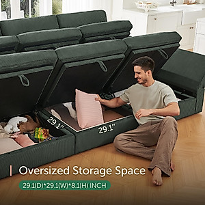 HONBAY Modular Sectional Couch with Storage Corduroy Sectional Sofa with Chaise L Shaped Sectional Couches for Living Room,Green