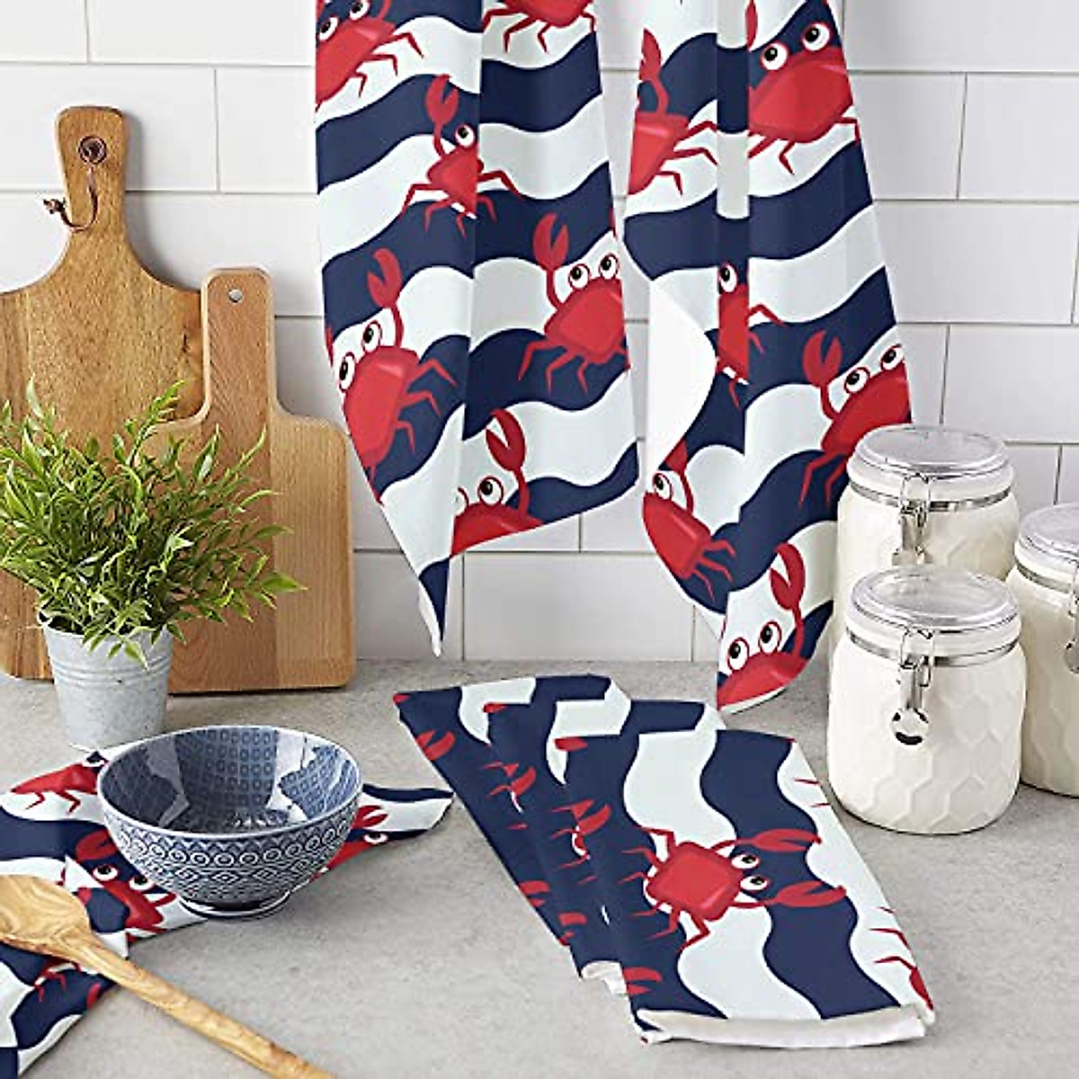 Big buy store Red Crab Kitchen Dish Towels Set of 3, Soft Lightweight Microfiber Absorbent Hand Towel Blue Chevron Zig Zag Tea Towel for Kitchen Bathroom 18x28in