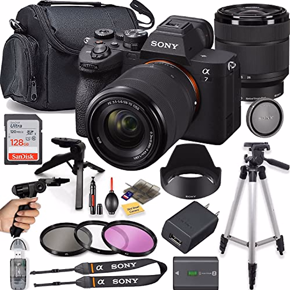 Sony a7 IV Mirrorless Camera with 28-70mm Lens Bundle with Accessories (128Gb High Speed Memory Card, 50" Tripod, Gadget Bag, Cleaning kit)