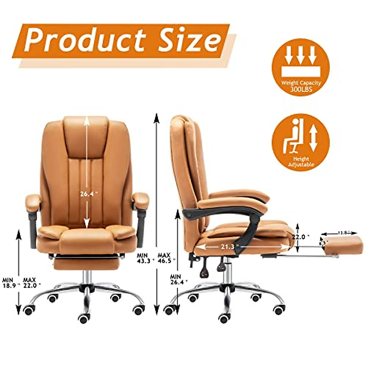 Erinnyees Executive Office Chair, PU Ergonomic Chair with Footrest and Linkage Armrests, 90°-155° Reclining Office Chair, 360° Swivel Computer Desk Chair with Back Support, Brown