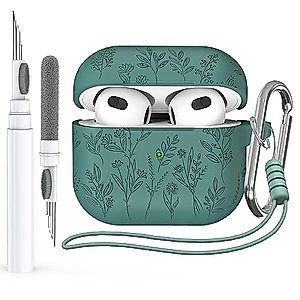Flower Engraved Case for Apple AirPods 3 Case 2021, Soft Silicone Protective Case for AirPods 3rd Generation Case for Women Airpod Case with Clean Kit,Carabiner,Lanyard,Front LED Visible,Pine Green