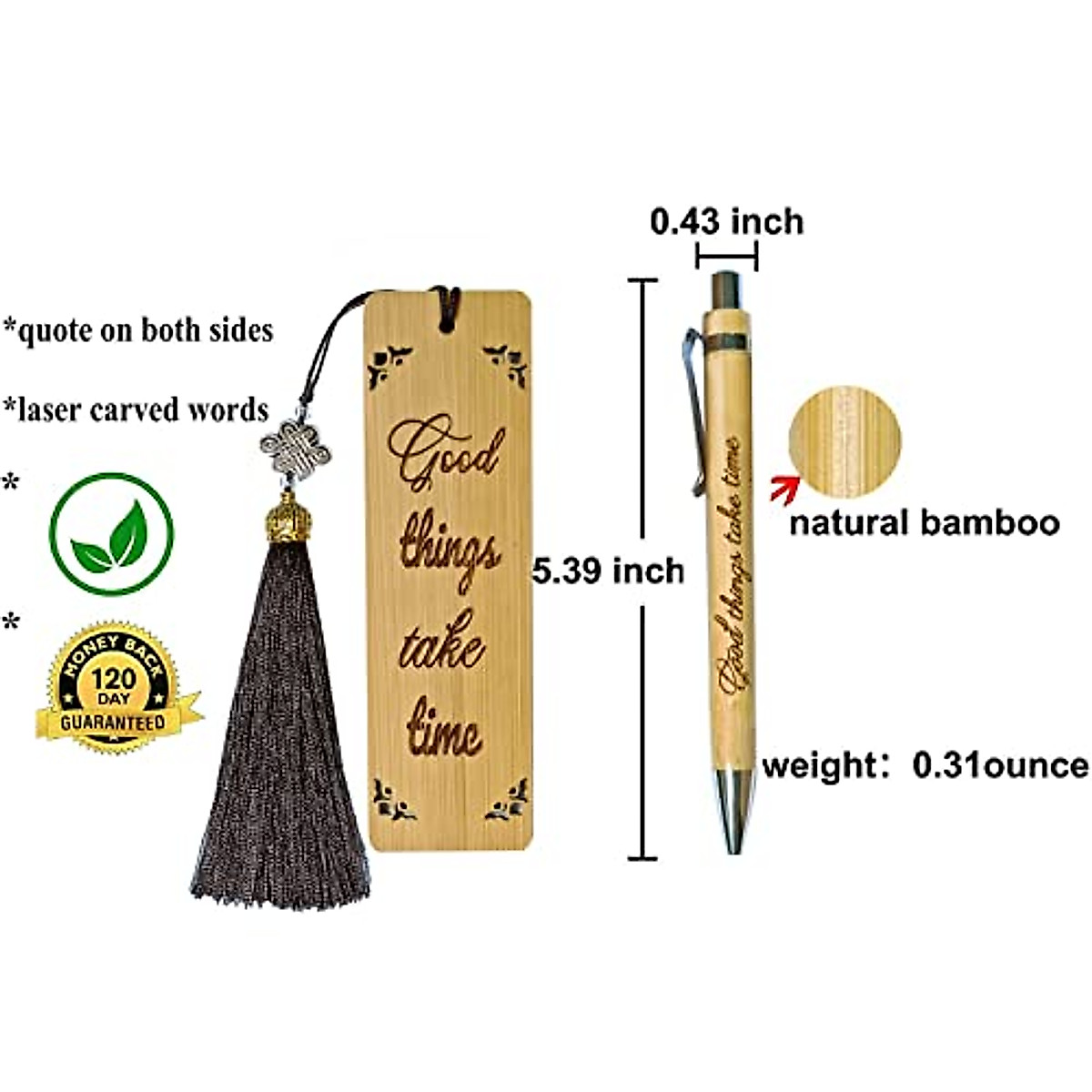 Handmade Bamboo Bookmark with Laser Carved Quote, Wooden Bookmark with Beautiful Tassel,A Unique Gift with Ball Point Pen Set for Teachers, Students, Men and Women. (Things (5))