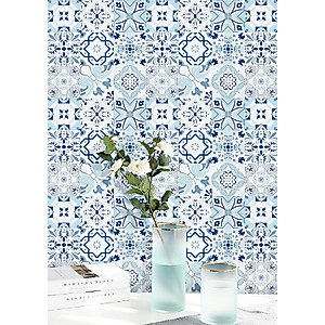 Dimoon Wallpaper 17.7’’x78.7’’ Contact Paper Thicken Blue White Floral Flower Tile Peel and Stick Removable Wall Waterproof Embossed Self Adhesive Vinyl