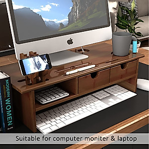 WAYTRIM Bamboo Wood Monitor Stand Ergonomic Computer Riser with Storage Organizer Drawers Desktop Laptop Shelf Risers Cellphone Stand for Home and Office Use, Classic Antique Brown