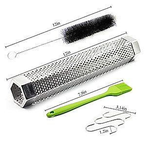Pellet Smoker Tube, Aliyoham 12'' Stainless Steel BBQ Smoke Tube, Hot/Cold Smoking for All Charcoal, Electric, Gas Grills(with 3 S Shape Hooks,1 Cleaning Brush, 1 Silicone Brush)
