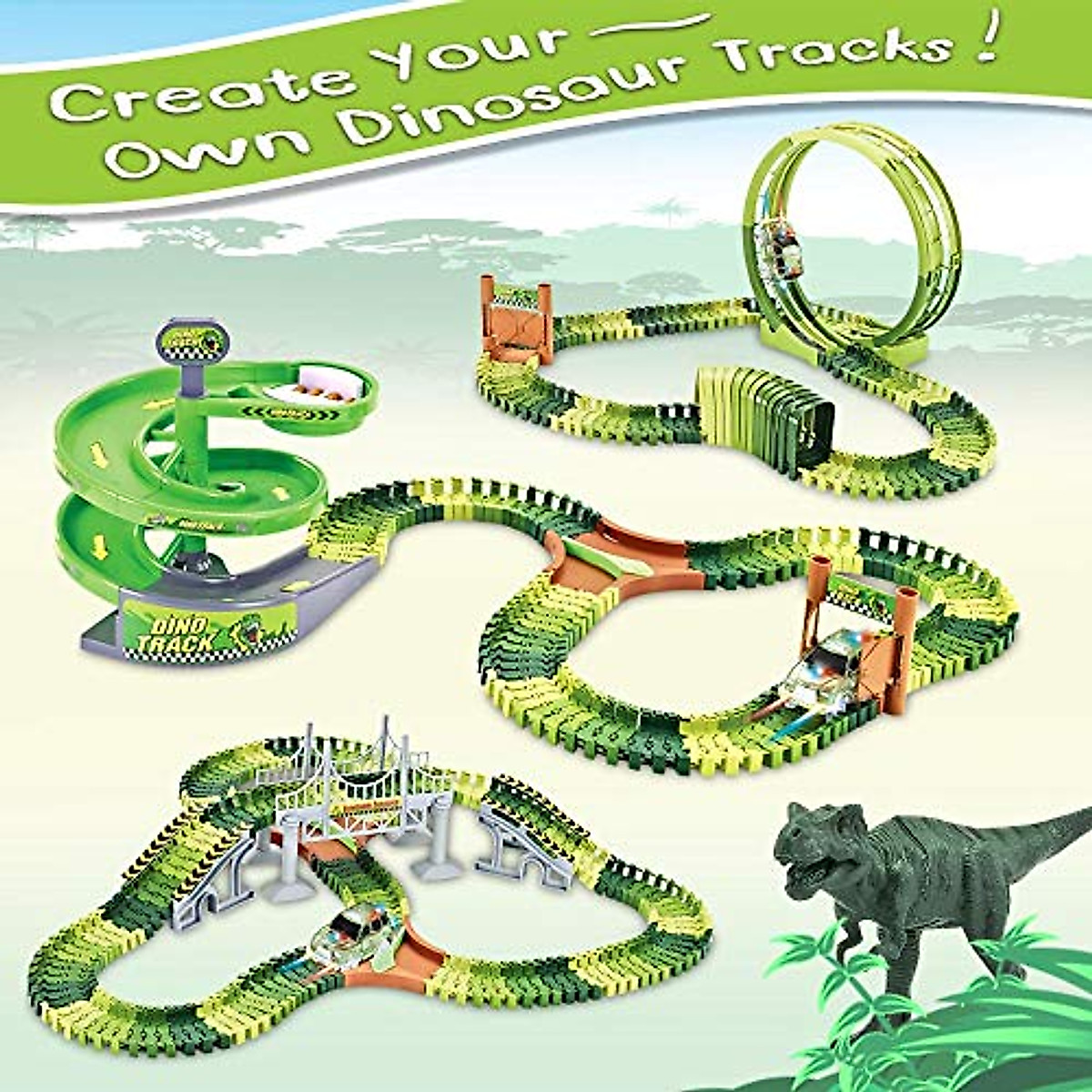 WESPREX Dinosaur Track Toy Set 280 PCS, Flexible Race Track Playset w/ 240 Tracks, 2 Race Cars, 1 Ferris Wheel (360 Degree Rotation). 1 Rotary U-Turn Tower, Dinosaur Toy for Kids Boys Girls Age 3-12