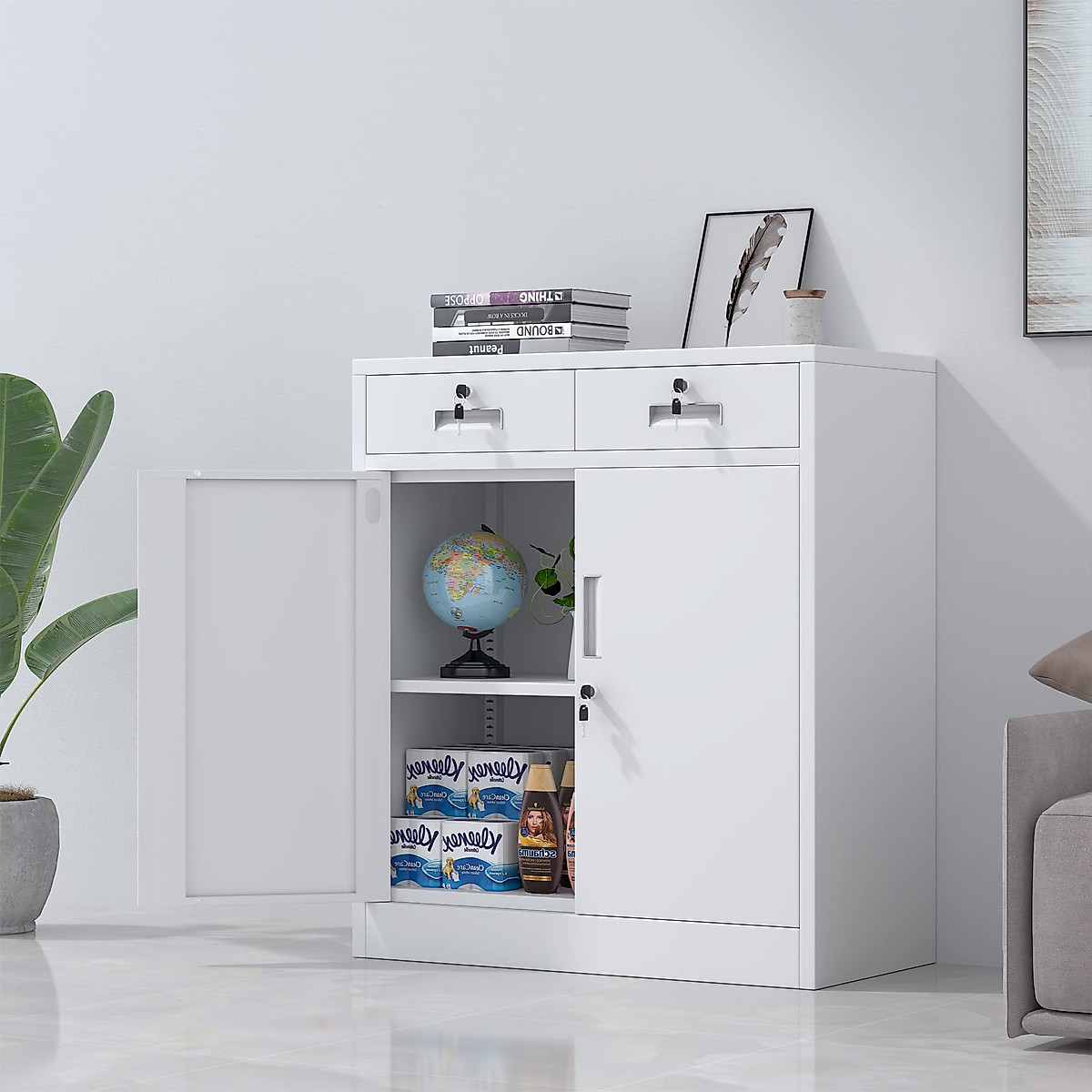 JINGUR Metal Storage Cabinet with Locking Doors and 2 Drawers, Lockable Storage Cabinets with Adjustable Shelf for Home Office and Garage (White)