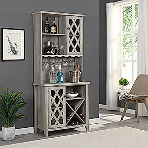 Home Source Home Lounge or Kitchen Bar Mix of Two Cabinets with Diamond Engraved Design and a Twelve Bottle Wine Rack, Grey